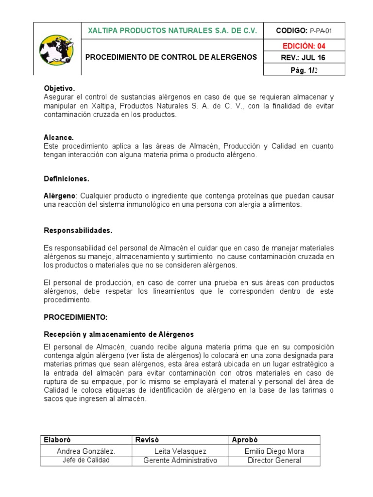 Procedimiento De Control De Alérgenos Pdf Alimentos Calidad