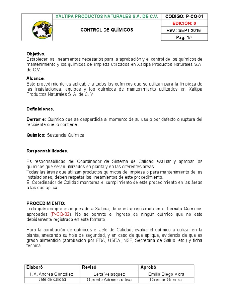 Control de Químicos en Xaltipa S.A. | PDF | Calidad (comercial) | Alimentos