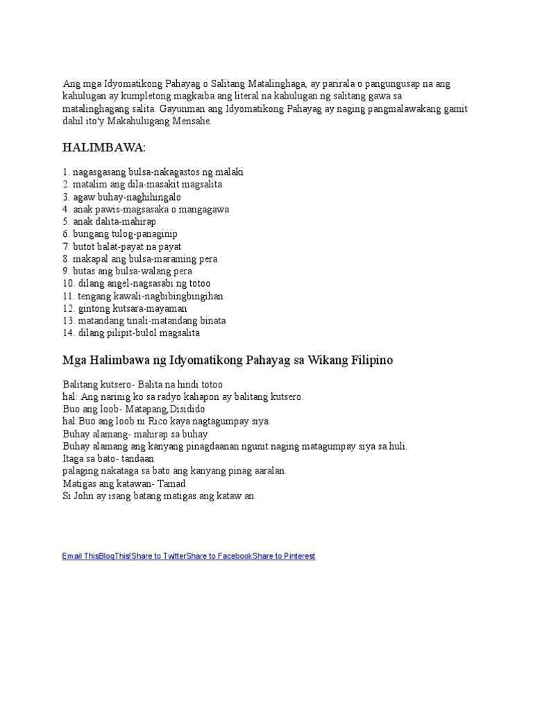 Ang Mga Idyomatikong Pahayag o Salitang Matalinghaga | PDF