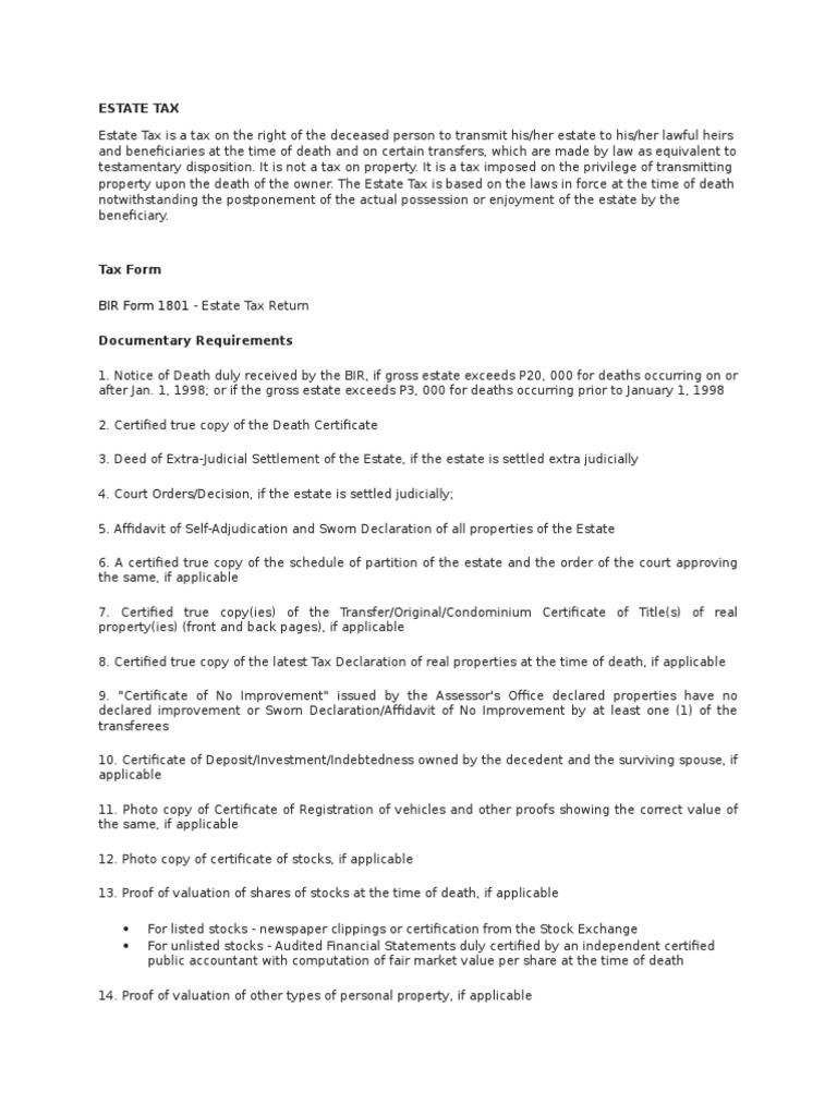 Estate Tax: BIR Form 1801 | PDF | Estate Tax In The United States | Tax ...