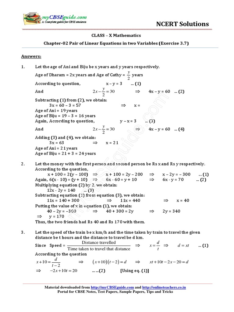 10 Mathematics Ncert Ch03 Pair of Linear Equations in Two Variables Ex 3.7 Ans Ssa | PDF | Angle ...