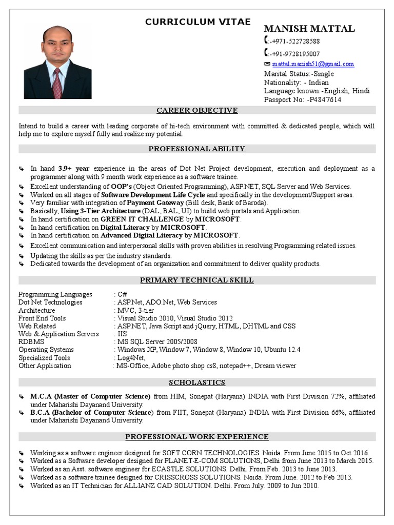 Manish Mattal: Curriculum Vitae | PDF | Microsoft Visual Studio | Java Script