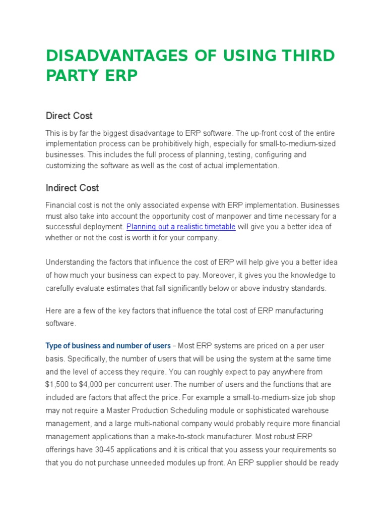 Disadvantages of Using Third Party Erp: Direct Cost | PDF | Enterprise ...