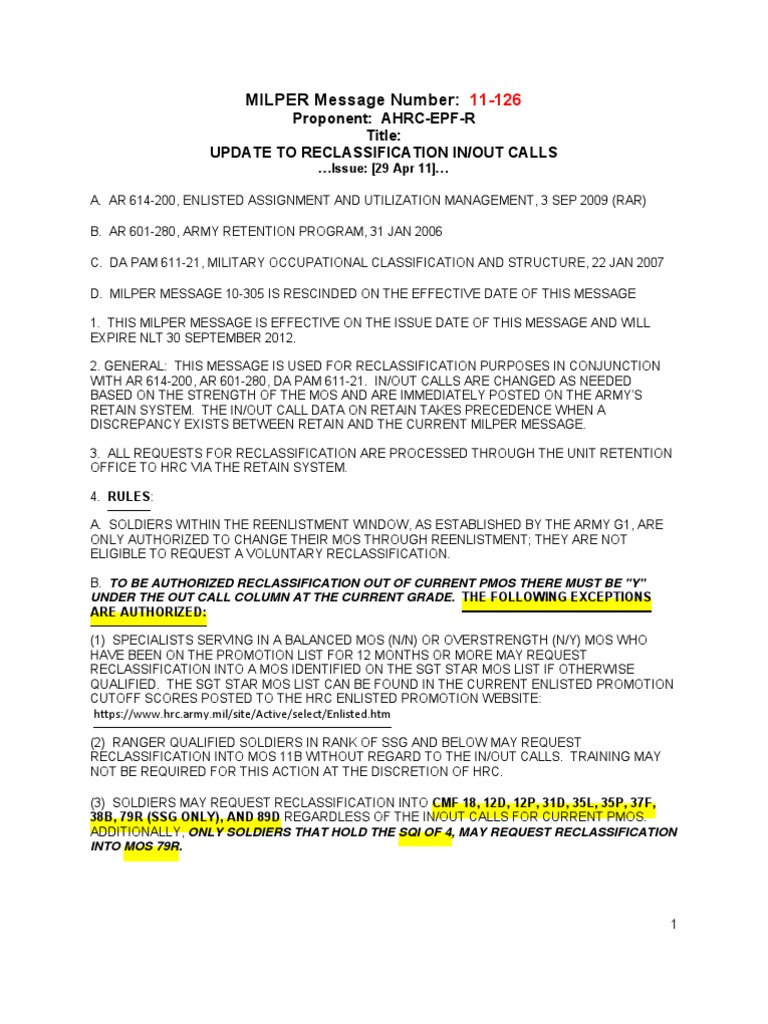 UPDATE TO RECLASSIFICATION IN/OUT CALLS (MILPER Message 11-126) | PDF ...
