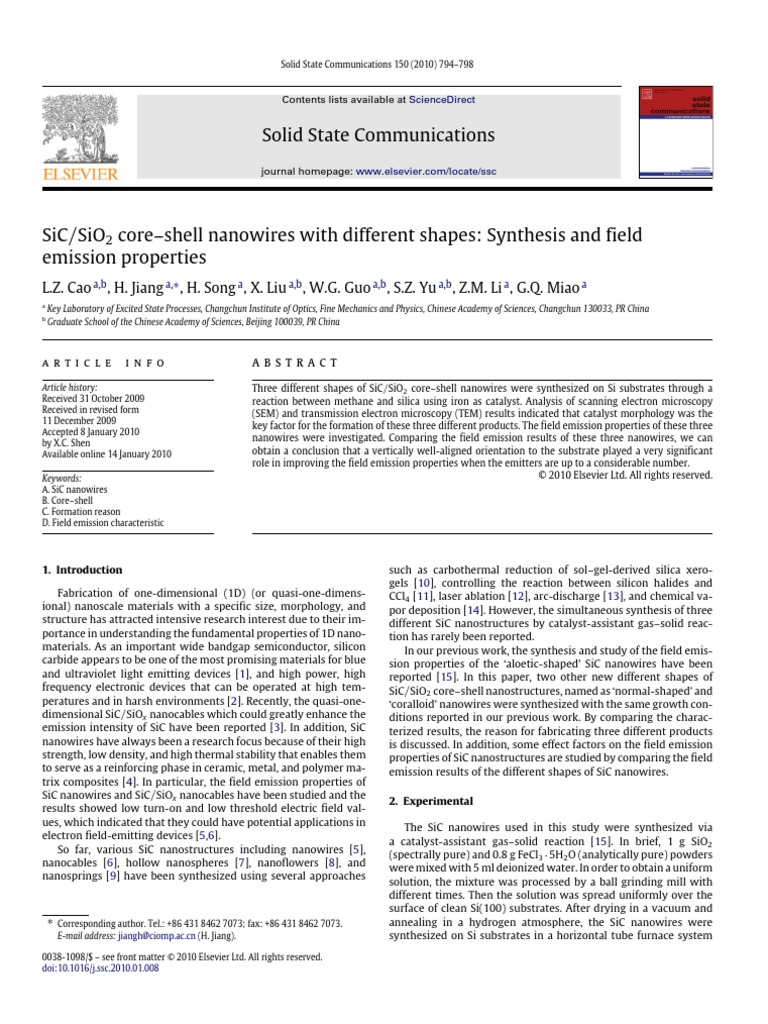 Cao Et Al 2010 Sic Sio2core Shell Nanowires With Different Shapes Synthesis And Field Emission