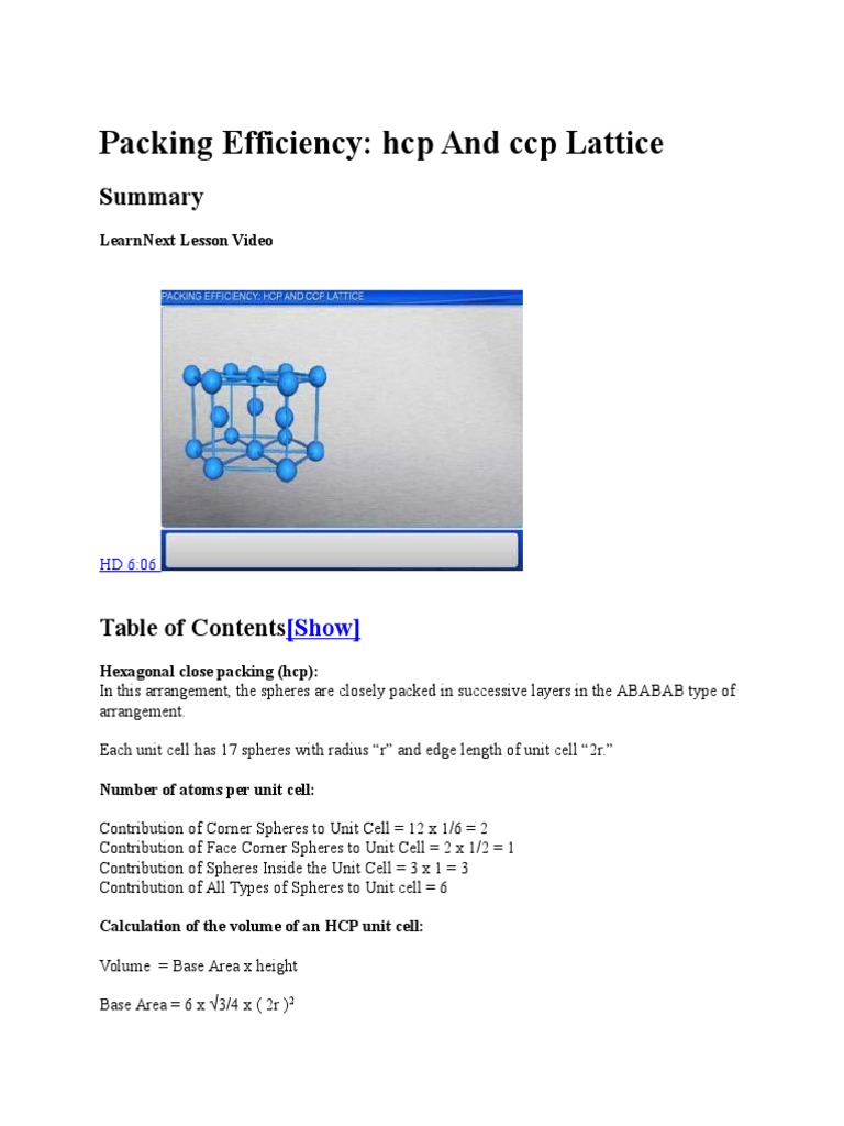 Packing Efficiency in Hexagonal Close Packing and Cubic Close Packing ...