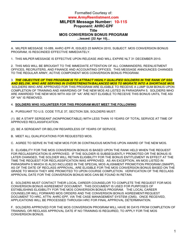 MOS CONVERSION BONUS PROGRAM (MILPER Message 10-115) | PDF | Staff ...