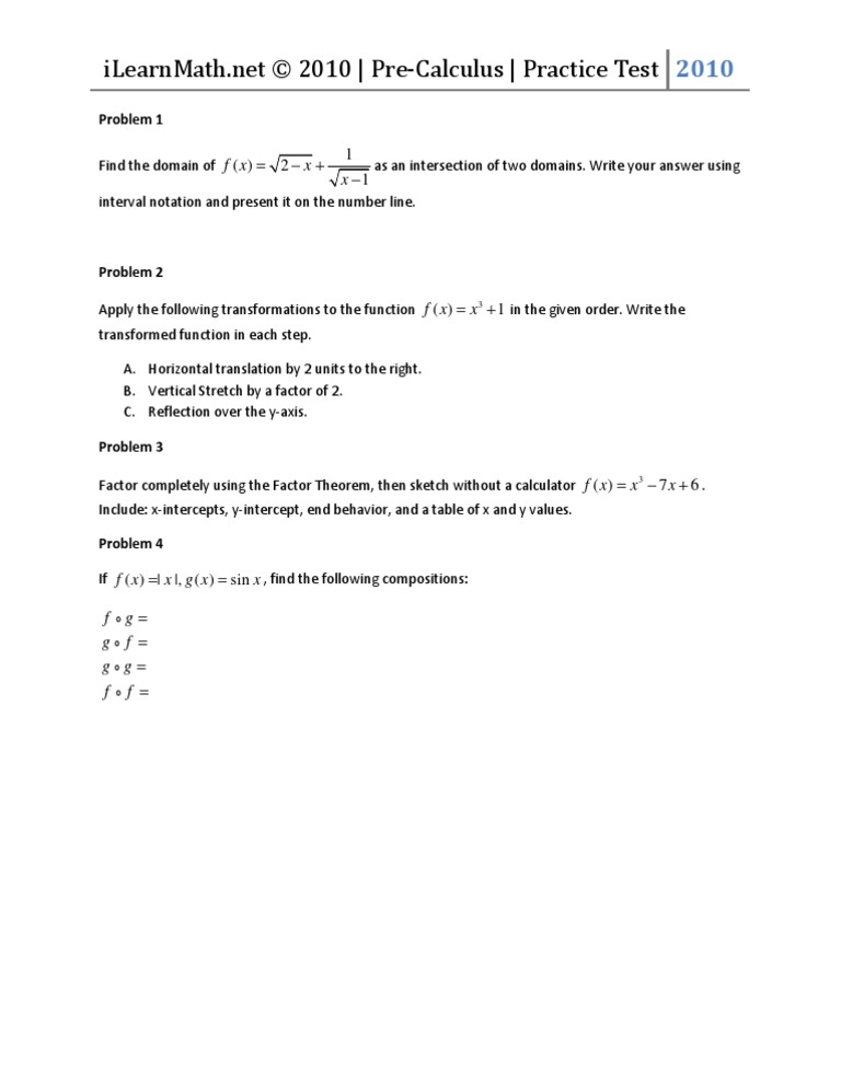 Pre Calculus Practice Test | PDF