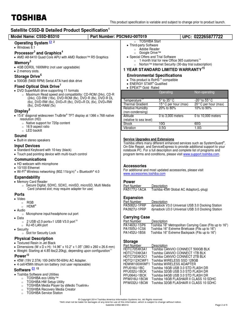 Satellite C55D B5310 | PDF | Personal Computers | Random Access Memory