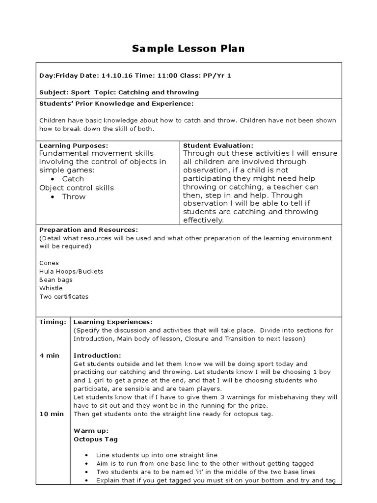 sample lesson plan hpe | Lesson Plan | Cognition