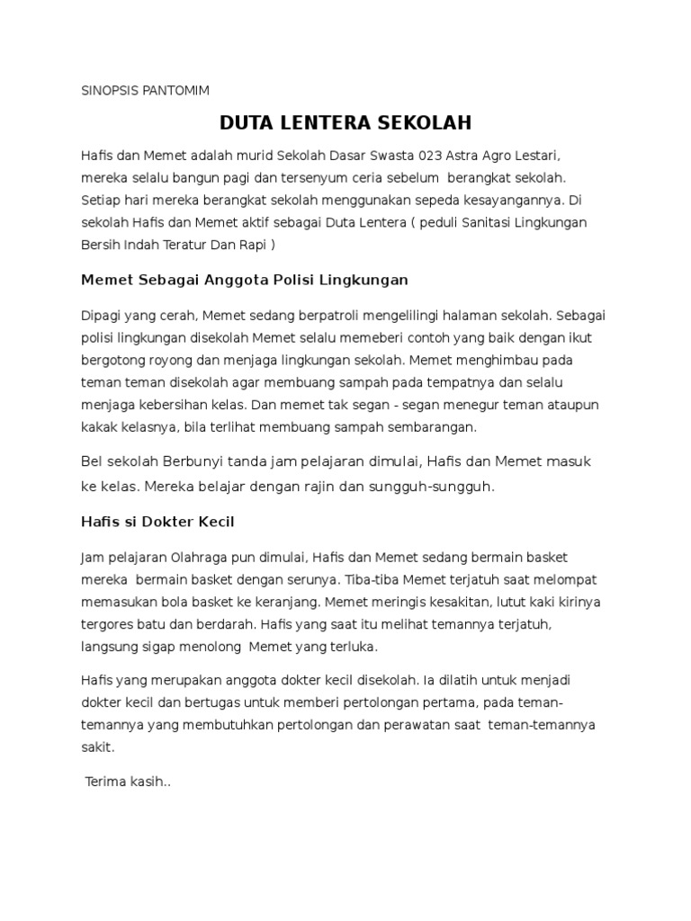 Sinopsis Pantomim Berderma Sekolah | PDF