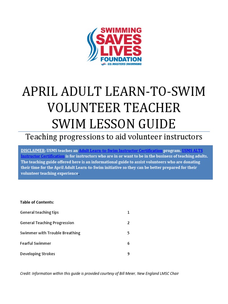 April Adult Learn-To-Swim Volunteer Teacher Swim Lesson Guide | PDF ...