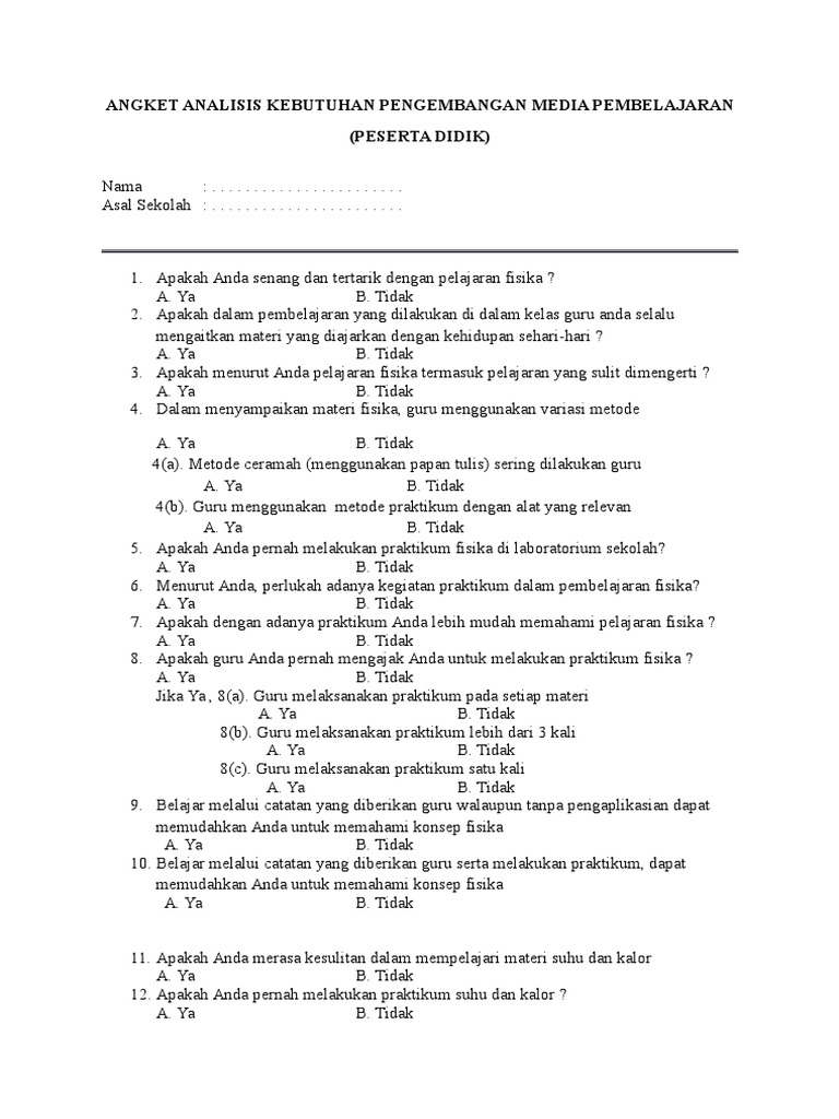 Angket Analisis Kebutuhan Pengembangan Media Pembelajaran | PDF