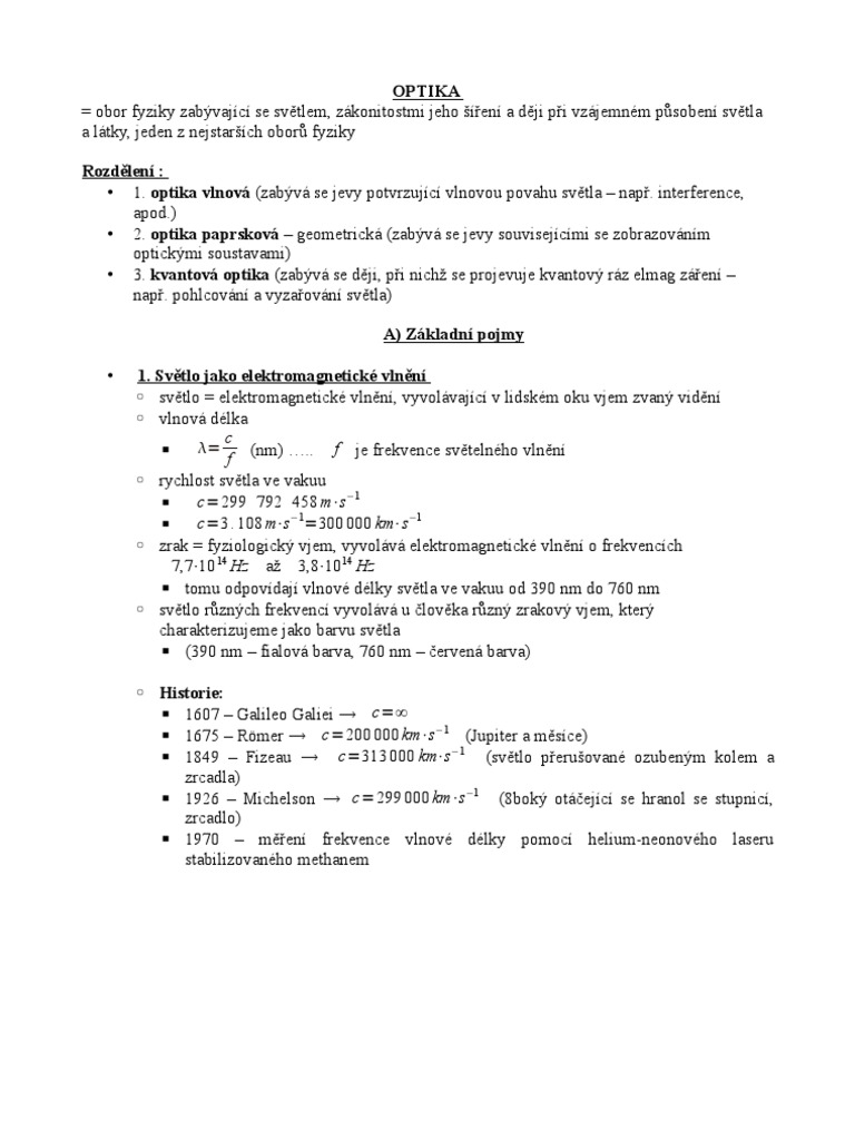 Fyzika - Optika, Základní Pojmy | PDF