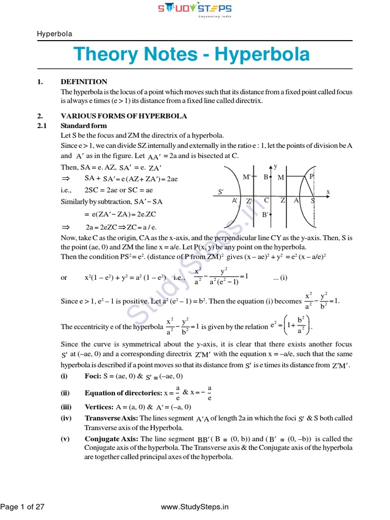 Maths Hyperbola Notes Theory | PDF | Ellipse | Perpendicular