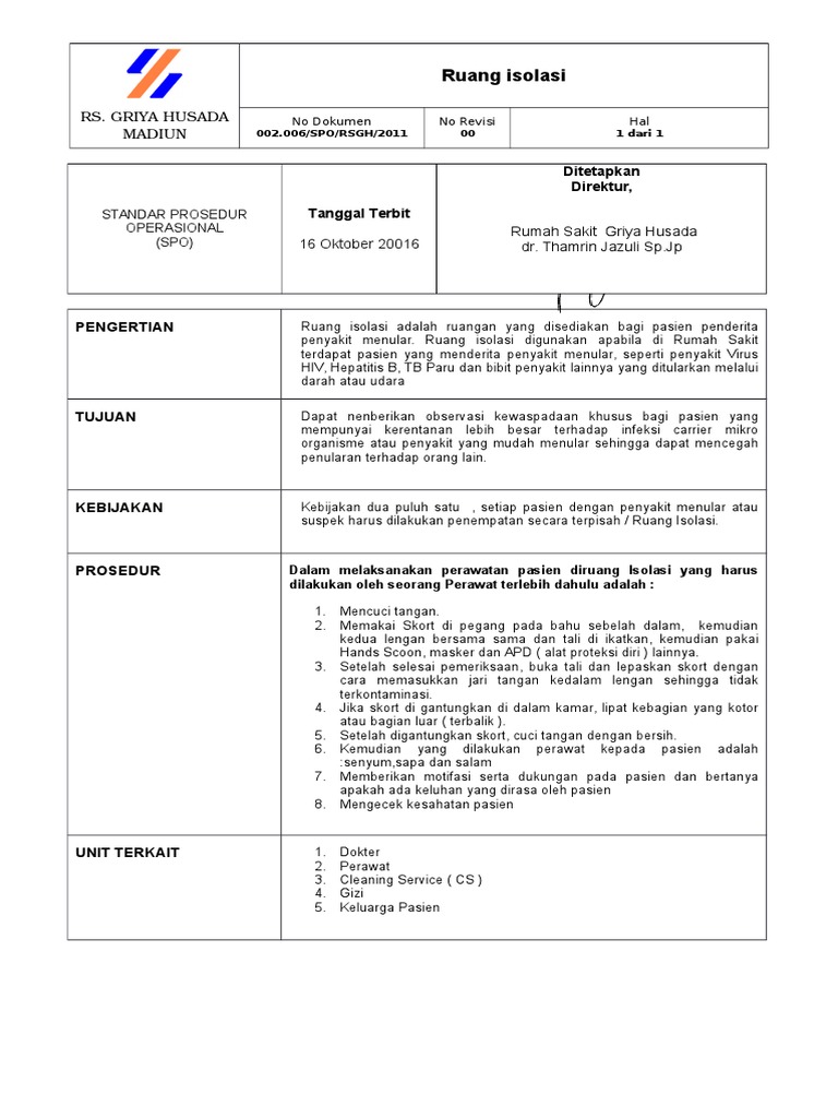 Spo Ruang Isolasi | PDF