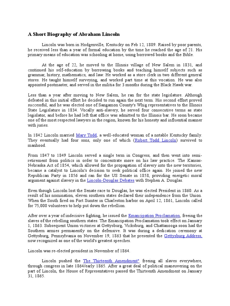 A Short Biography of Abraham Lincoln | PDF | Emancipation Proclamation ...