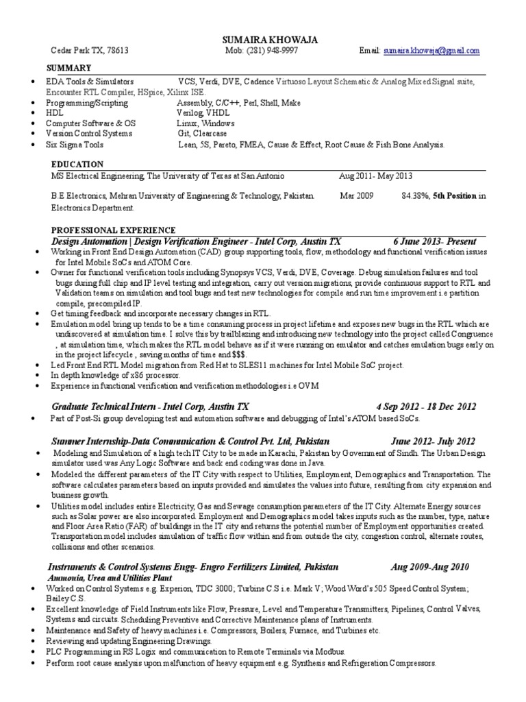 Design Verification Engineer RTL in Austin TX Resume Sumaira Khowaja ...