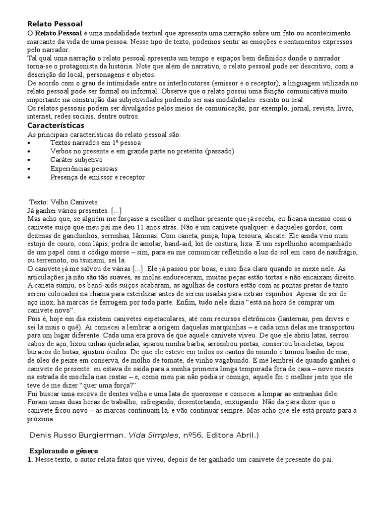 Relato Pessoal Imprimir | Narração | Autobiografias | Avaliação ...