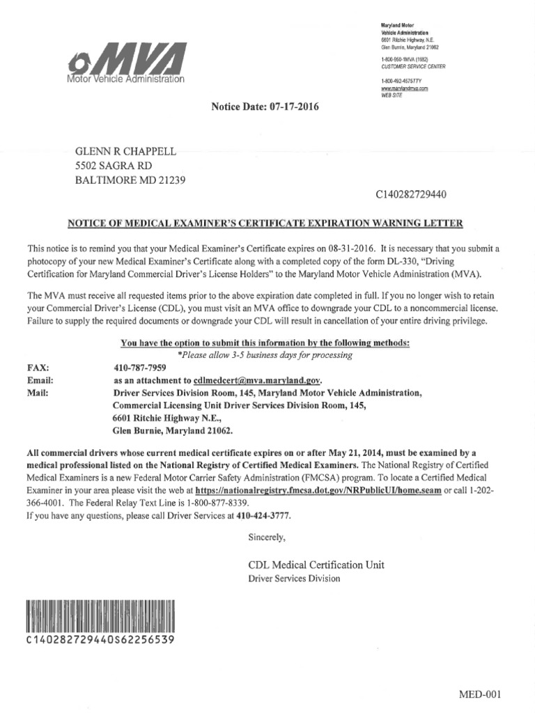 MVA Medical Certification Expiration Letters | PDF