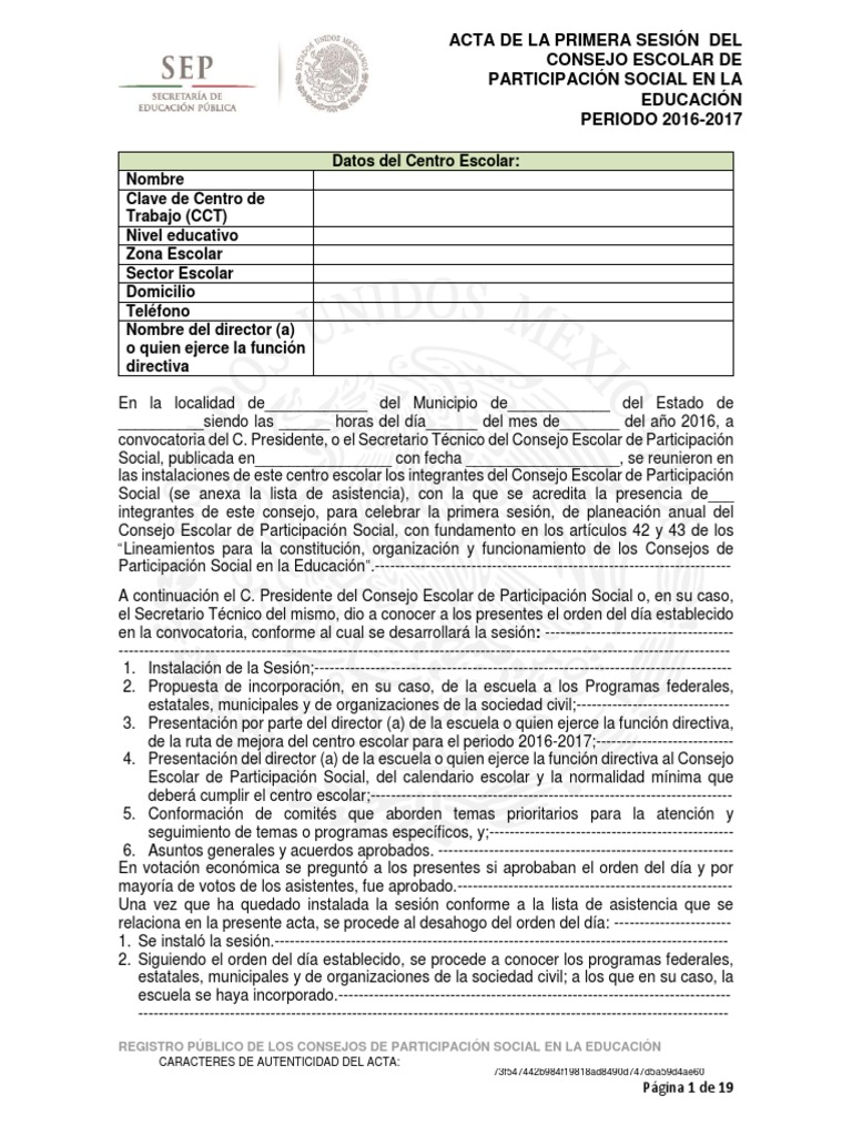 Acta Primera Sesión CEPS 2016-2017 | PDF | Educación primaria | Plan de ...