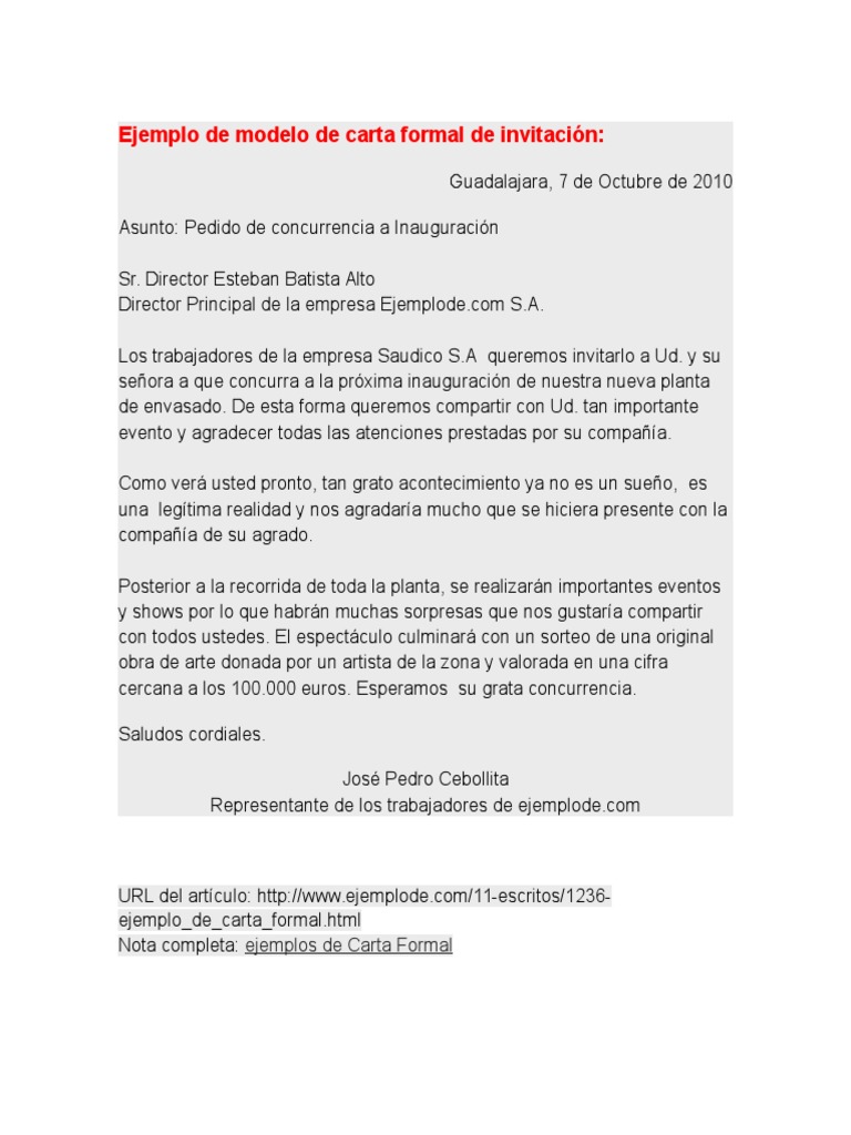 Ejemplo de Modelo de Carta Formal de Invitación | PDF