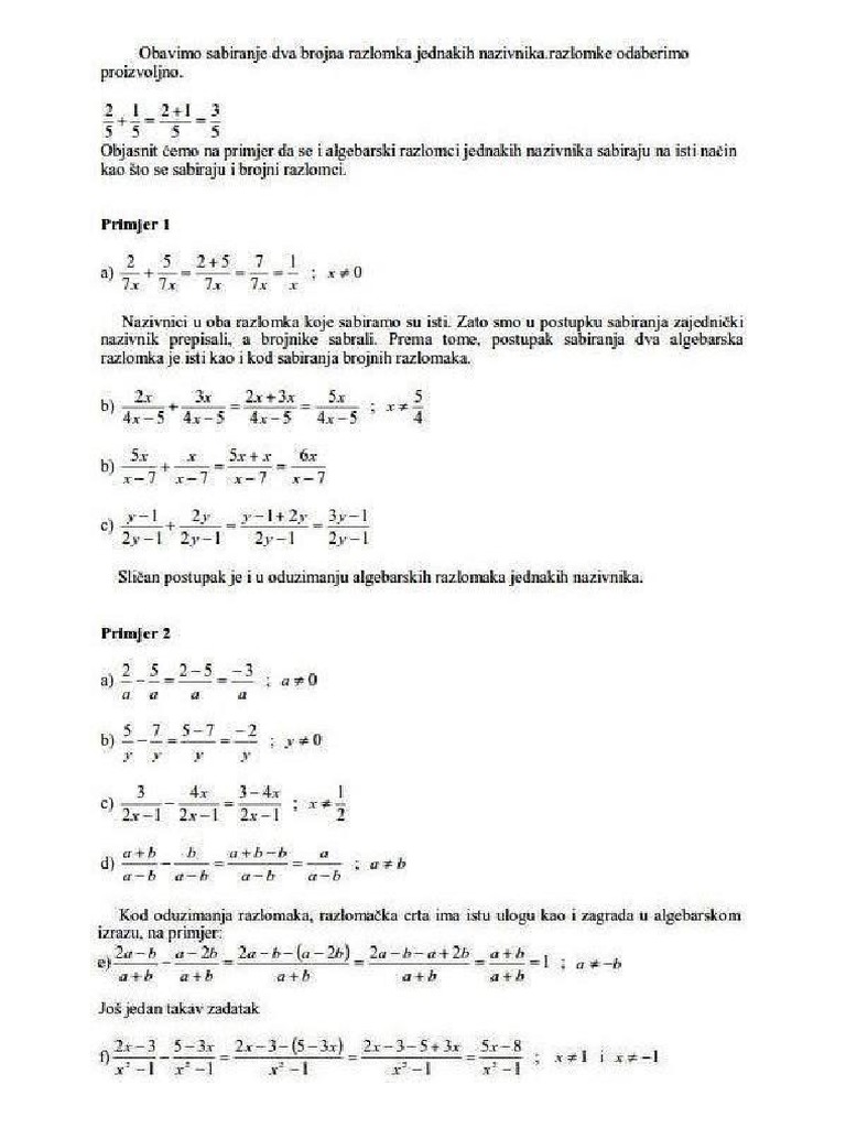 Sabiranje I Oduzimanje Algebarskih Razlomaka | PDF