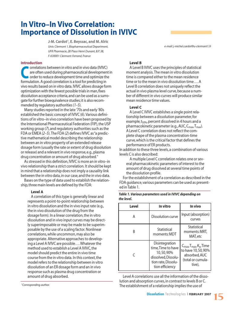 In Vitro in Vivo Correlation IMPORTANCE OF DISSOLUTION IN IVIVC PDF ...