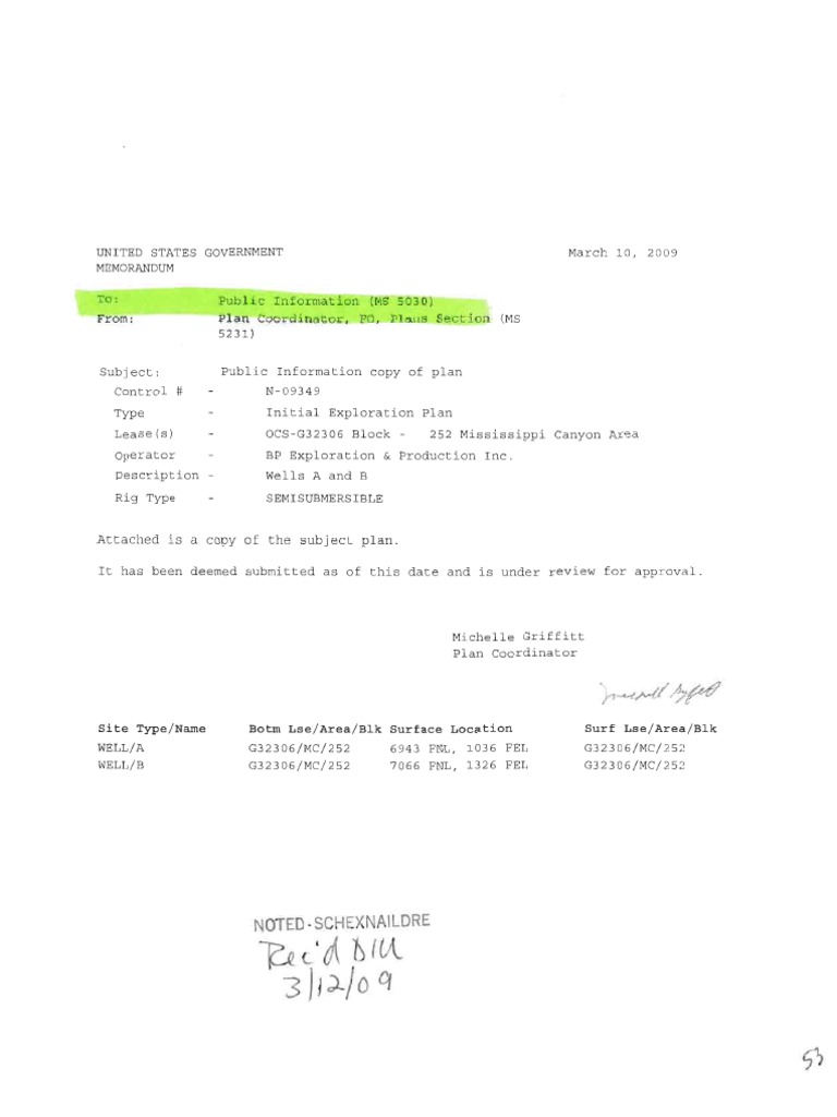 BP's Initial Exploration Plan For Mississippi Canyon Block 252 (Dated ...