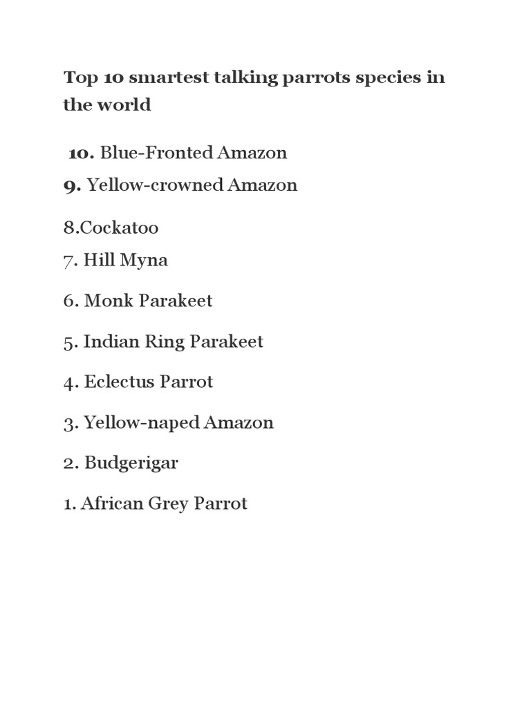 Top 10 Smartest Talking Parrots Species in The World | PDF