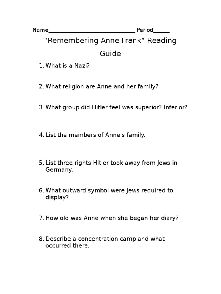"Remembering Anne Frank" Reading Guide: Name - Period | PDF