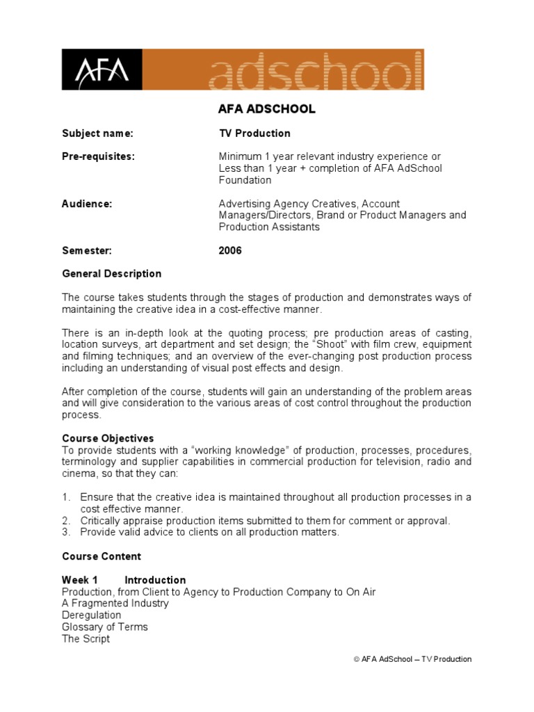 TV Production Course Outline Inc Assessments | PDF | Educational ...