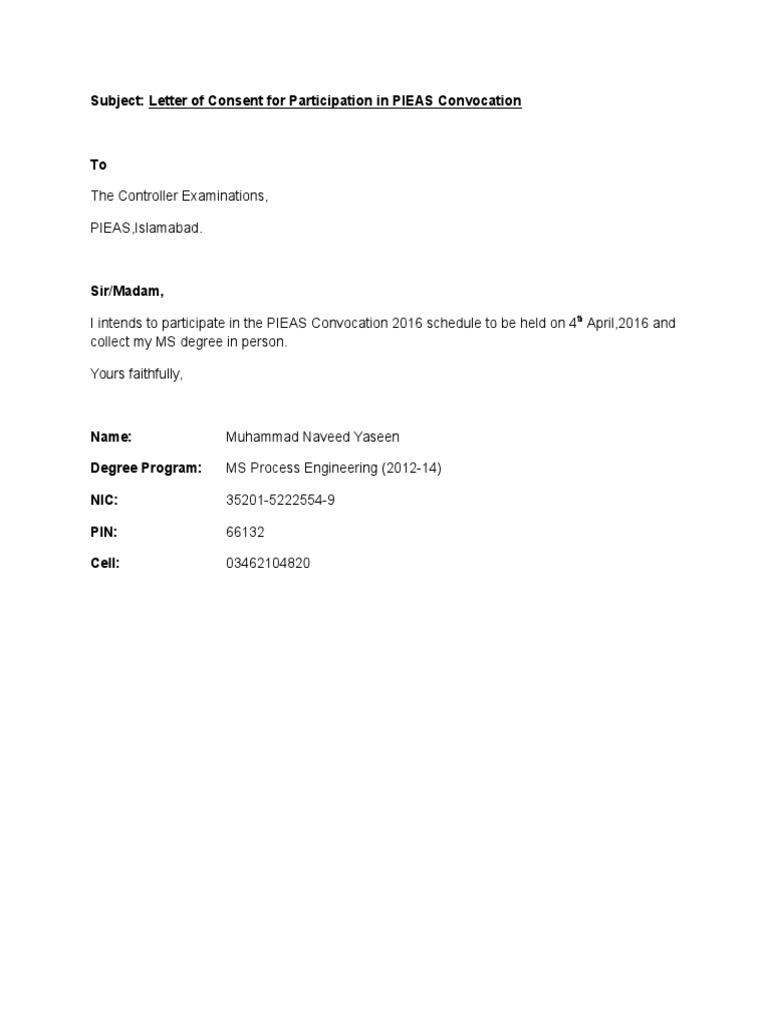 Subject: Letter of Consent For Participation in PIEAS Convocation | PDF