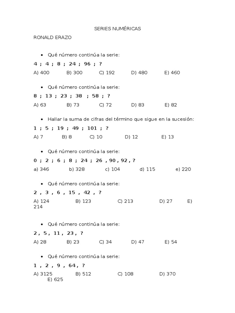 Ejercicios de Sucesiones Numéricas | PDF | Métodos y materiales de ...
