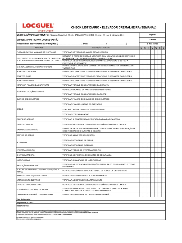 Checklist diário completo para inspeção de segurança de elevador a ...