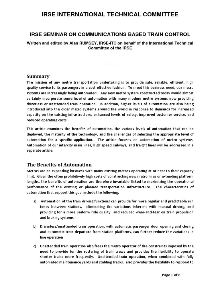 2009 10 01 IRSE Seminar On Communications Based Train Control | PDF