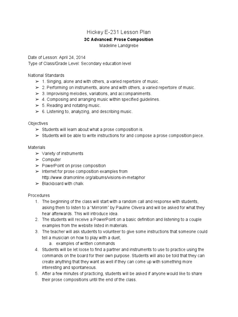 Hickey E-231 Lesson Plan: 3C Advanced: Prose Composition | PDF