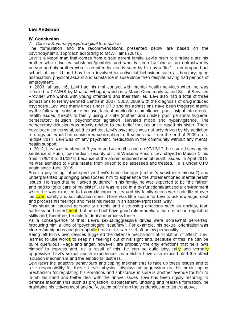 A. Clinical Summary/psychological Formulation: Levi Anderson IV ...