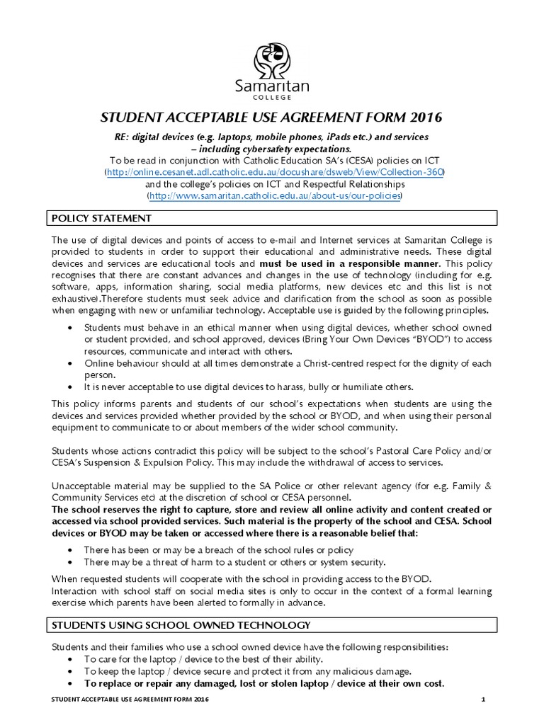 student acceptable use agreement form 2016 | Educational Technology ...