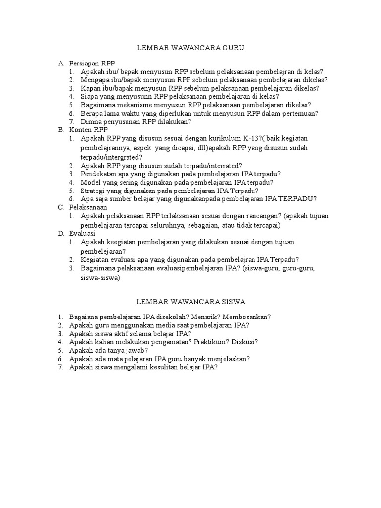 Lembar Wawancara Guru | PDF