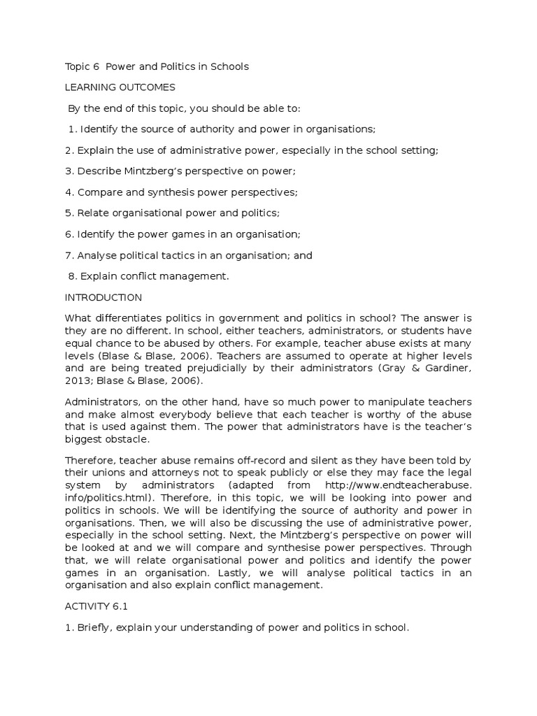 Topic 6 Power and Politics in Schools | PDF | Leadership | Sociological ...