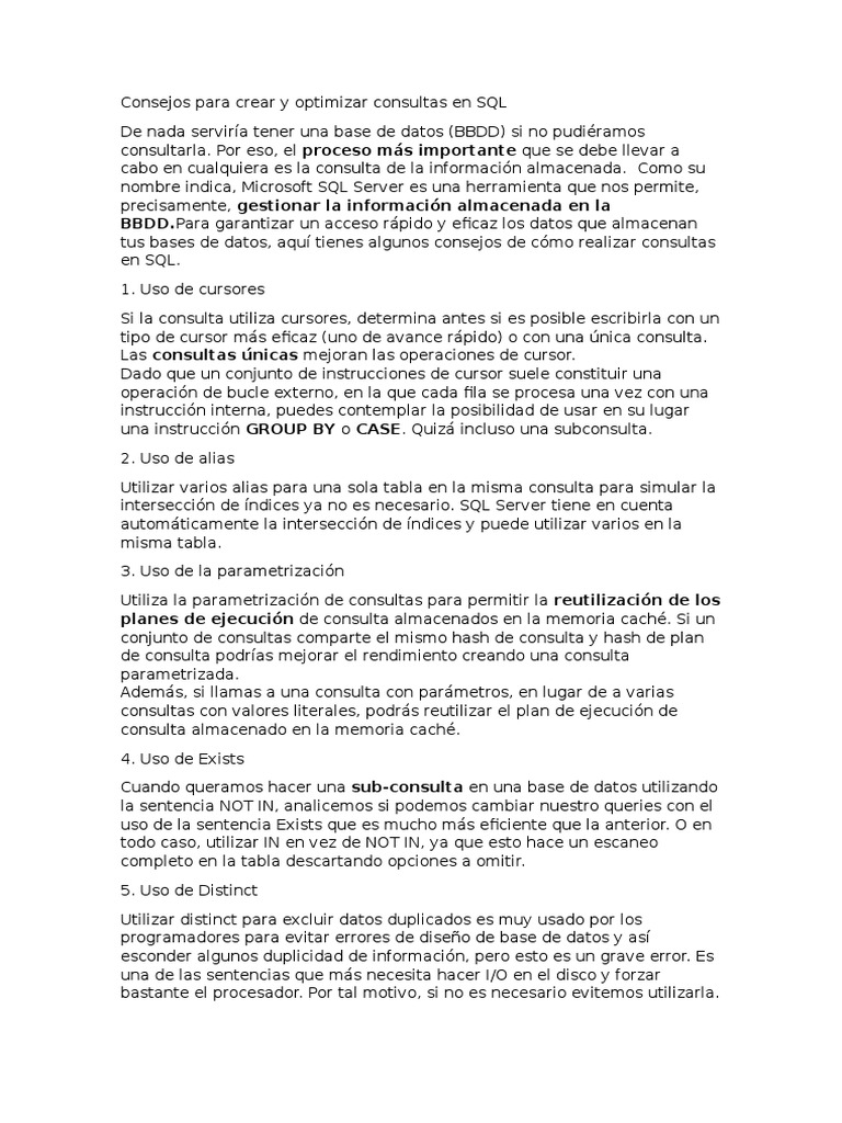 Optimización de Consultas en SQL | PDF | SQL | Servidor SQL de Microsoft