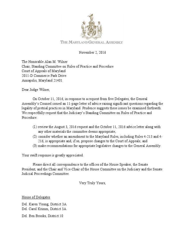 Letter from General Assembly Members to Standing Committee Re: Bail ...