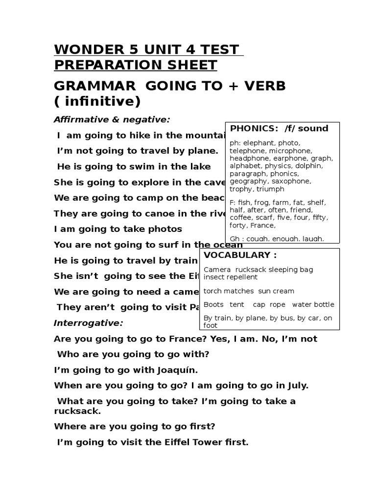 Wonder 5 Unit 4 Test Preparation Sheet | PDF
