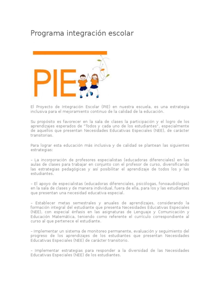 Programa Integración Escolar | Aprendizaje | Cognición | Prueba ...