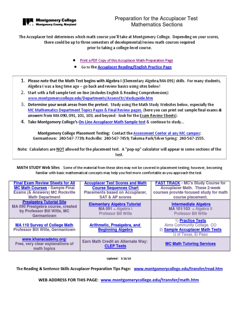Accuplacer Math Prep at Montgomery College | PDF | Qualifications ...