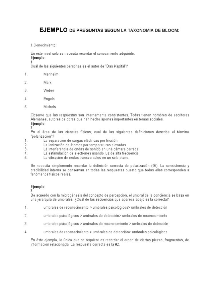 Ejemplos de Preguntas en Taxonomía de Bloom | PDF | Conocimiento ...