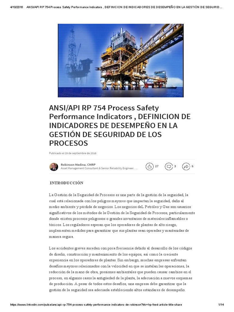 ANSI - API RP 754 Process Safety Performance Indicators | PDF | La seguridad | Información