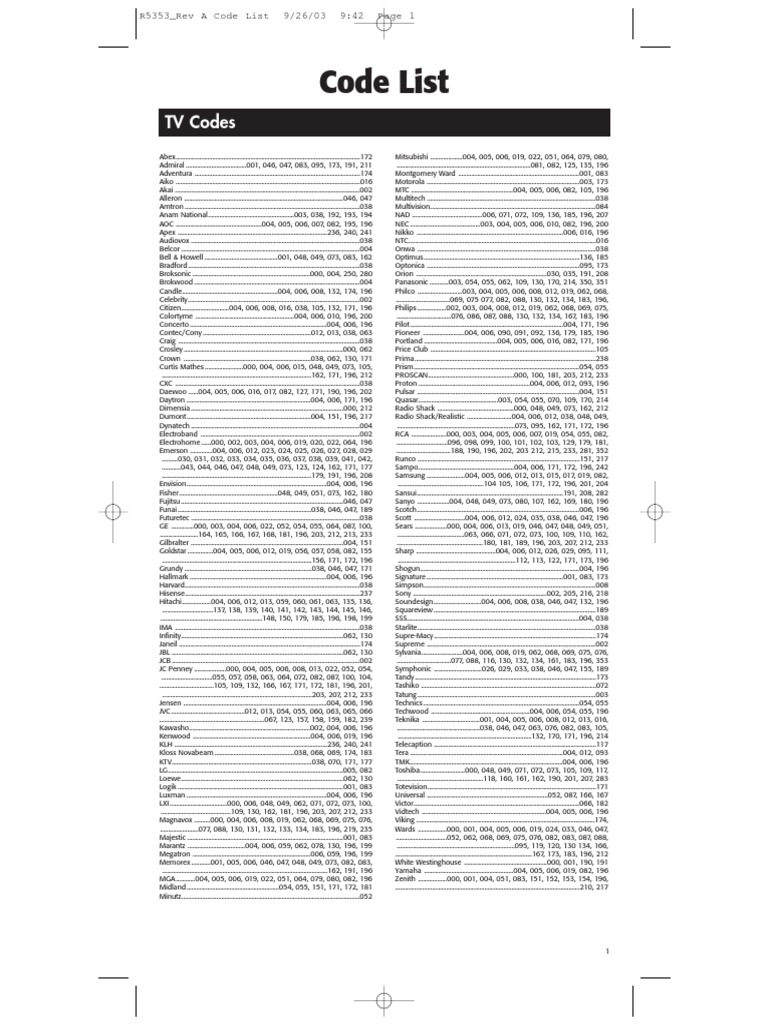 Code List: TV Codes | PDF
