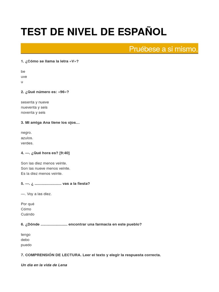 Test de Nivel de Español A1-A2 PDF | PDF